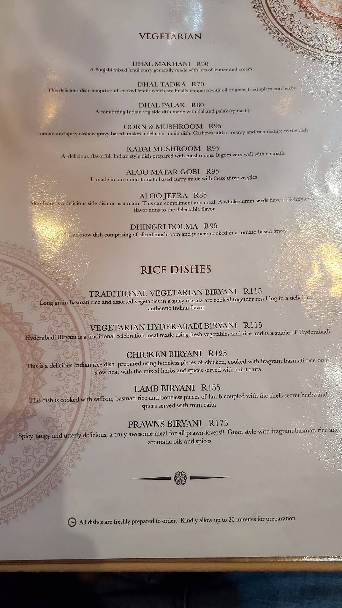 Menu at THE INCREDIBLE INDIA restaurant, Umhlanga