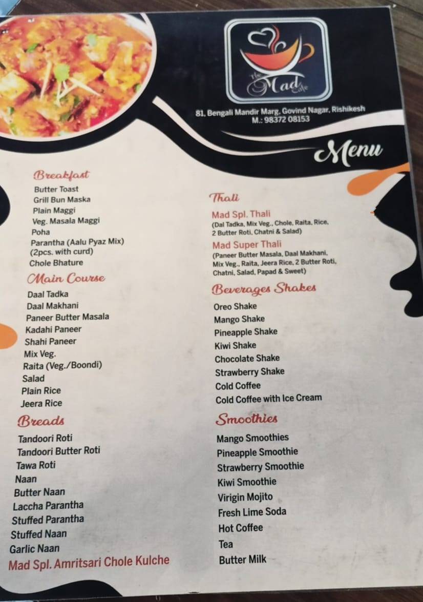 Menu at THE MAD CAFE, Rishikesh, 61/2
