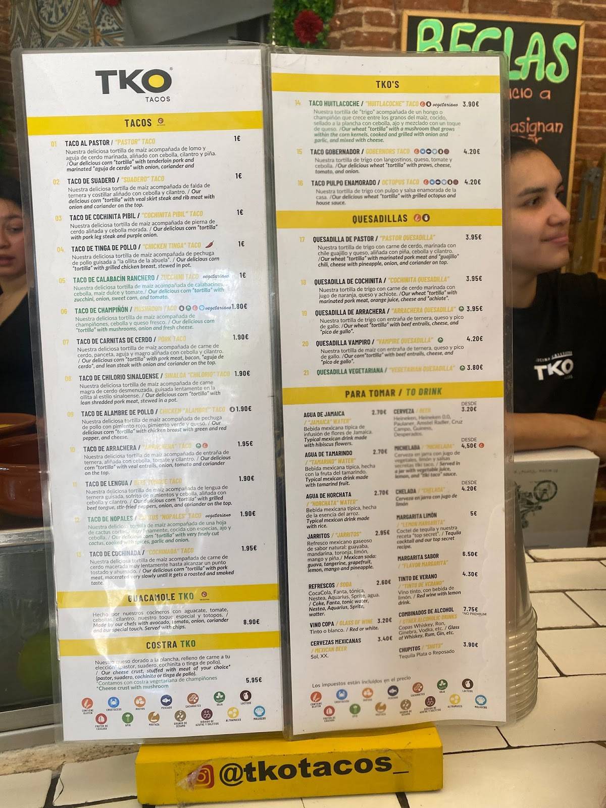 Carta del restaurante TKO Tacos Guzman, Madrid, C. del Guzmán el Bueno