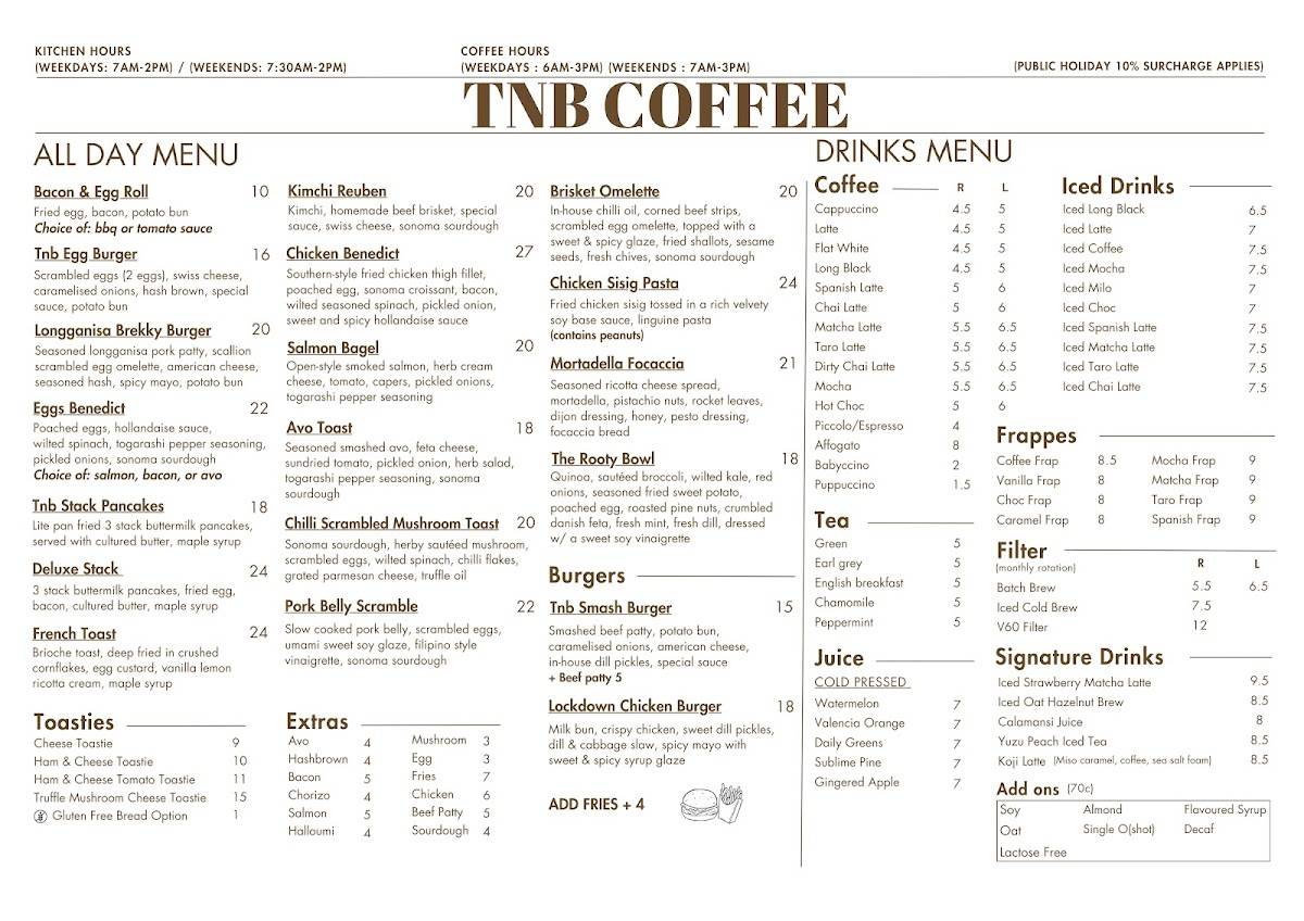 Menu at TNB Cafe, Rooty Hill