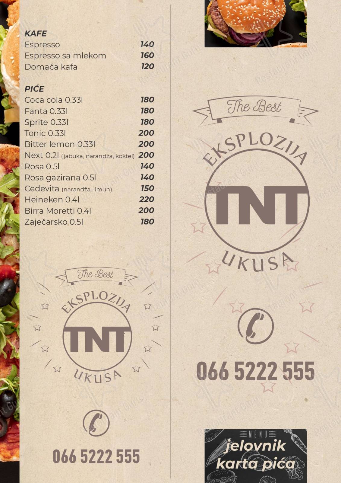 Menu at TNT eksplozija ukusa restaurant, Vrnjačka Banja