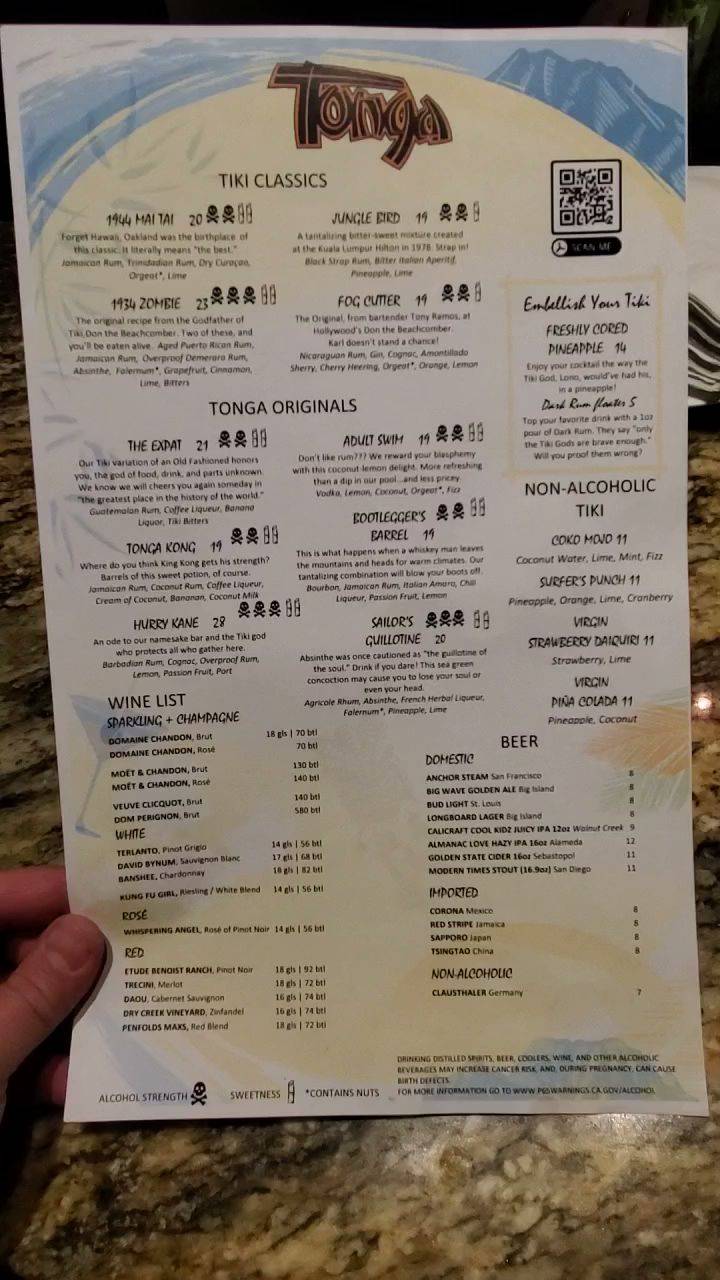 Menu at TONGA ROOM & HURRICANE BAR, San Francisco