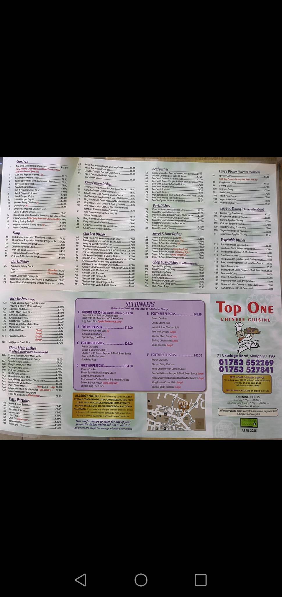 Menu at Top One restaurant, Slough