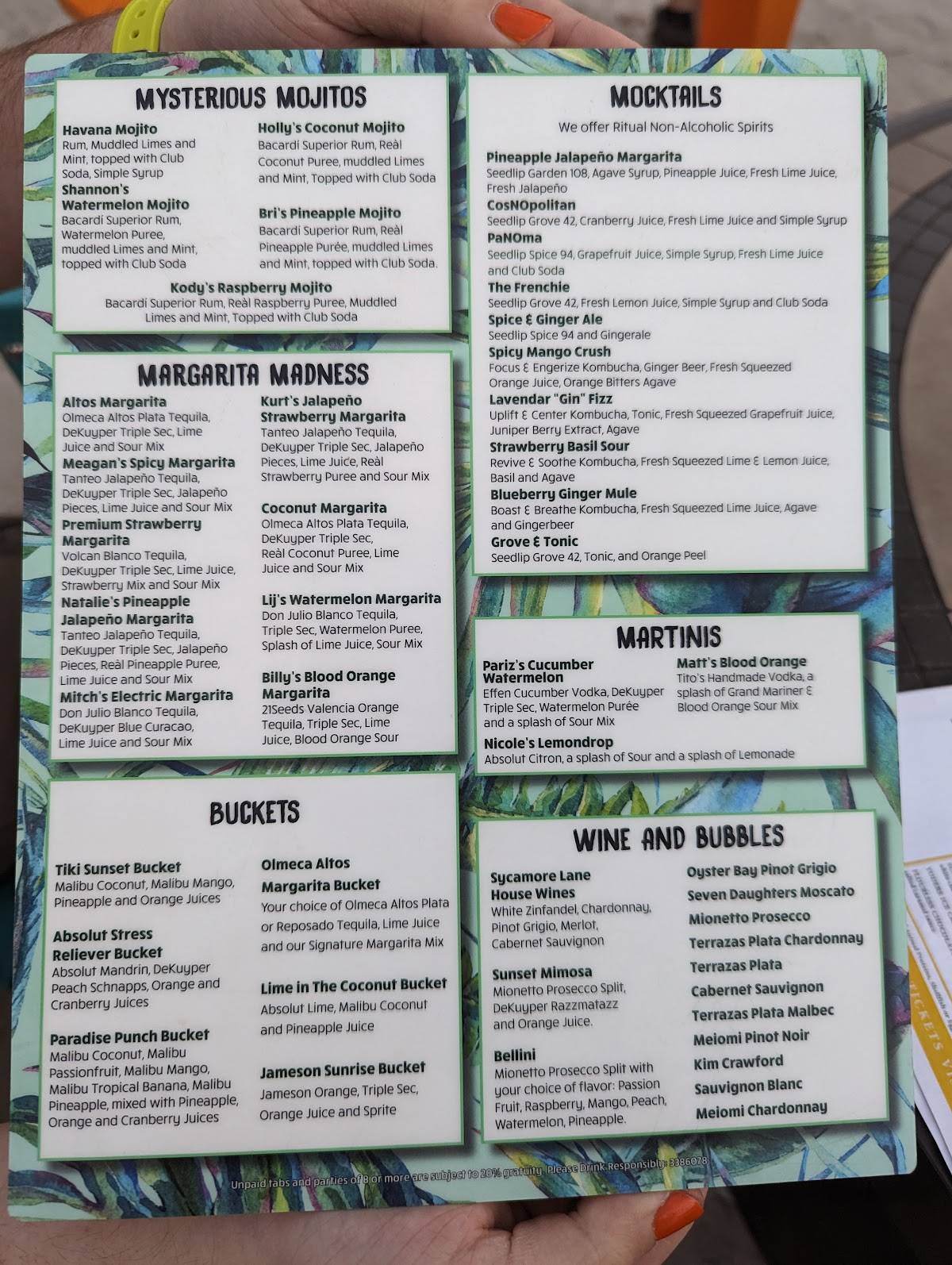 Menu at TT's Tiki Bar, Punta Gorda