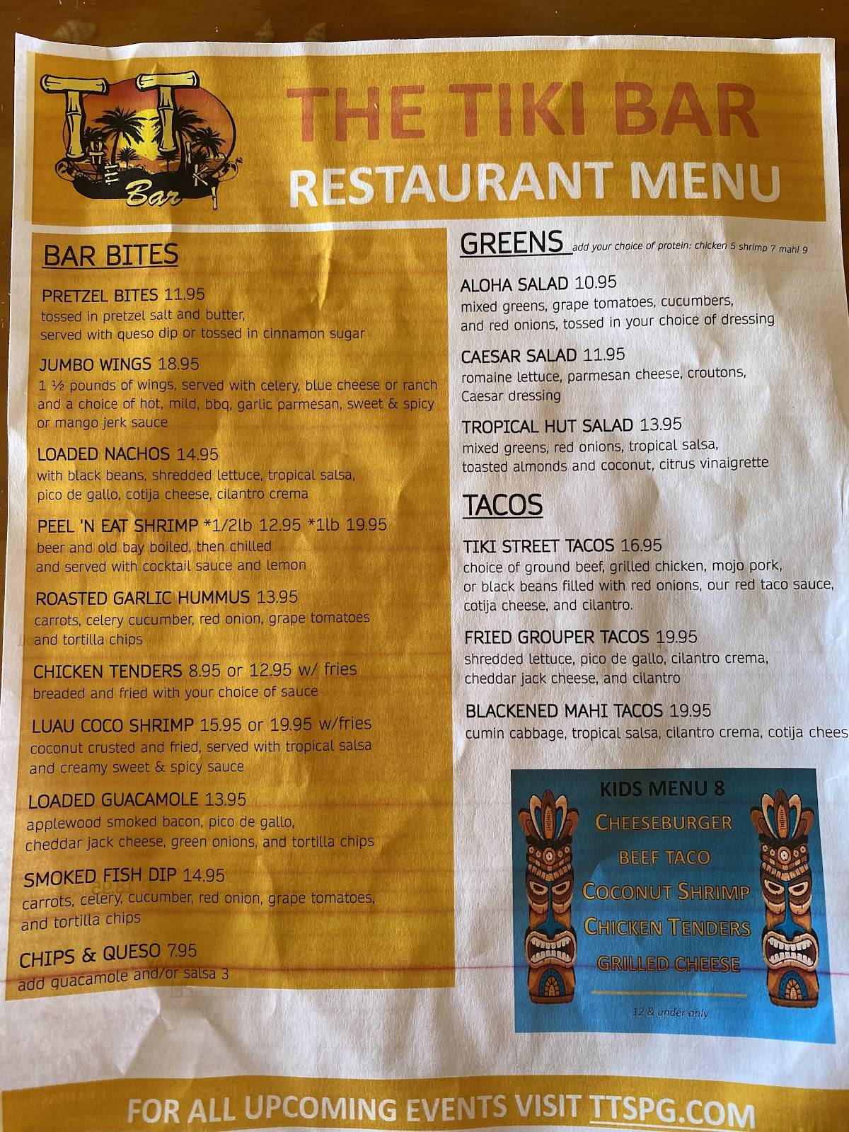 Menu at TT's Tiki Bar, Punta Gorda
