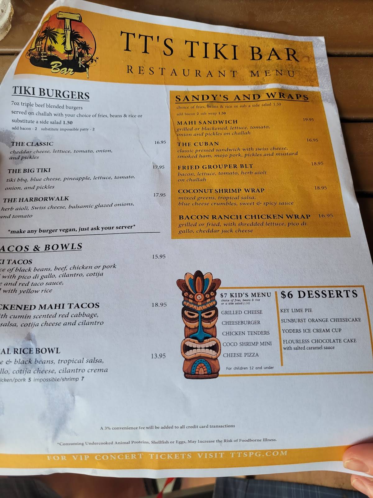 Menu at TT's Tiki Bar, Punta Gorda