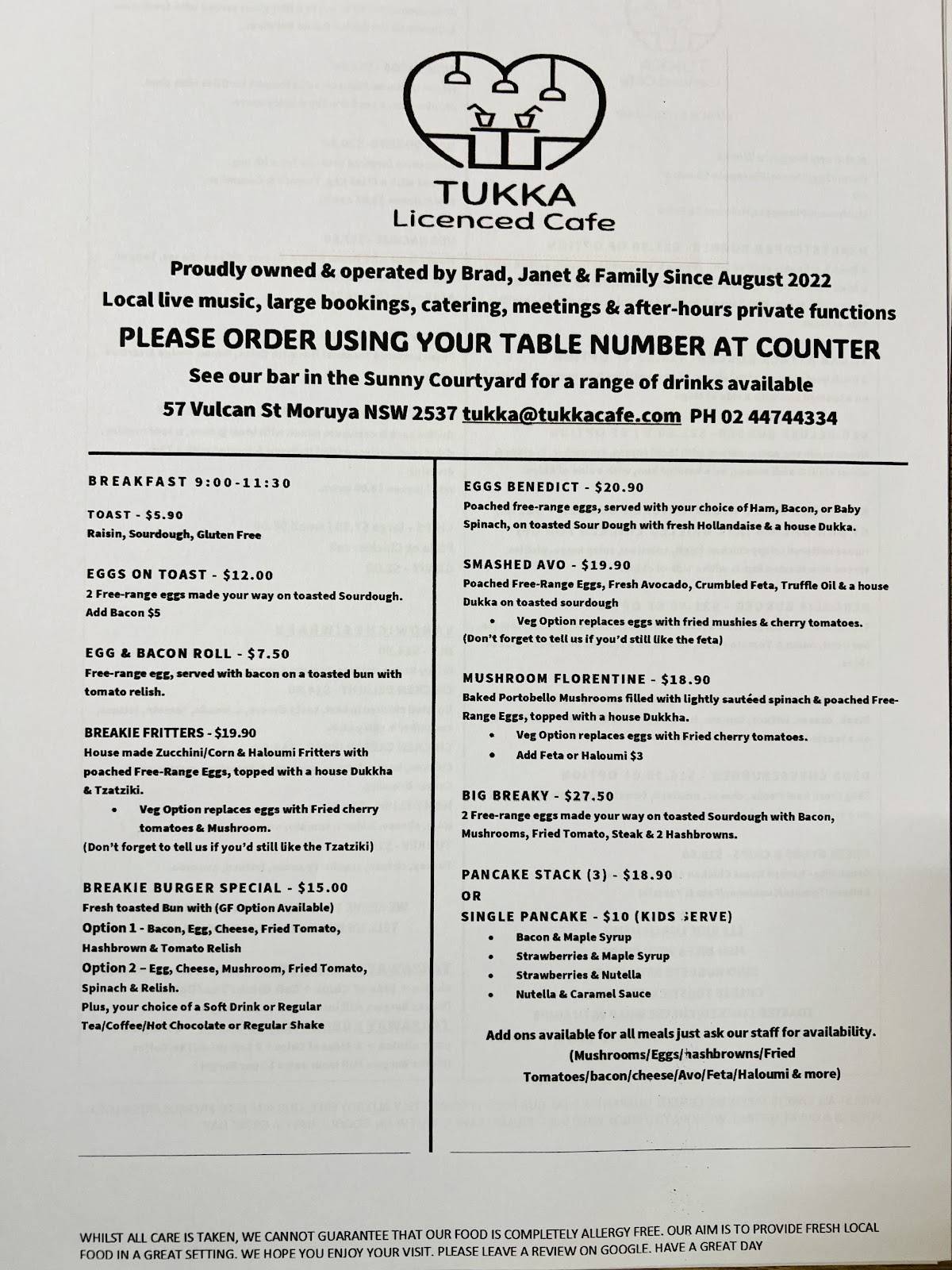 Menu at TUKKA Licenced Cafe, Moruya