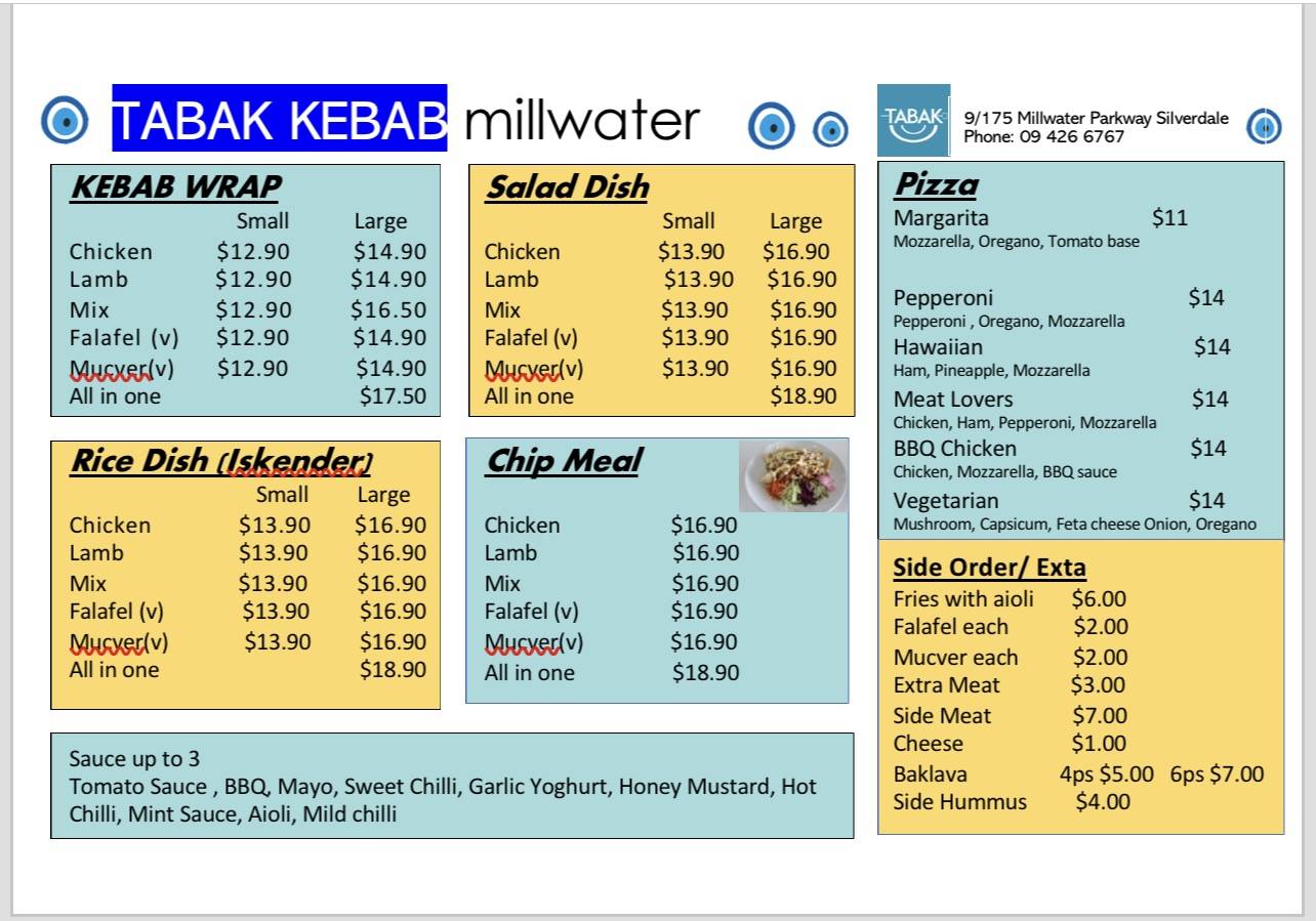 Menu at Tabak Takeaways pizzeria, Silverdale