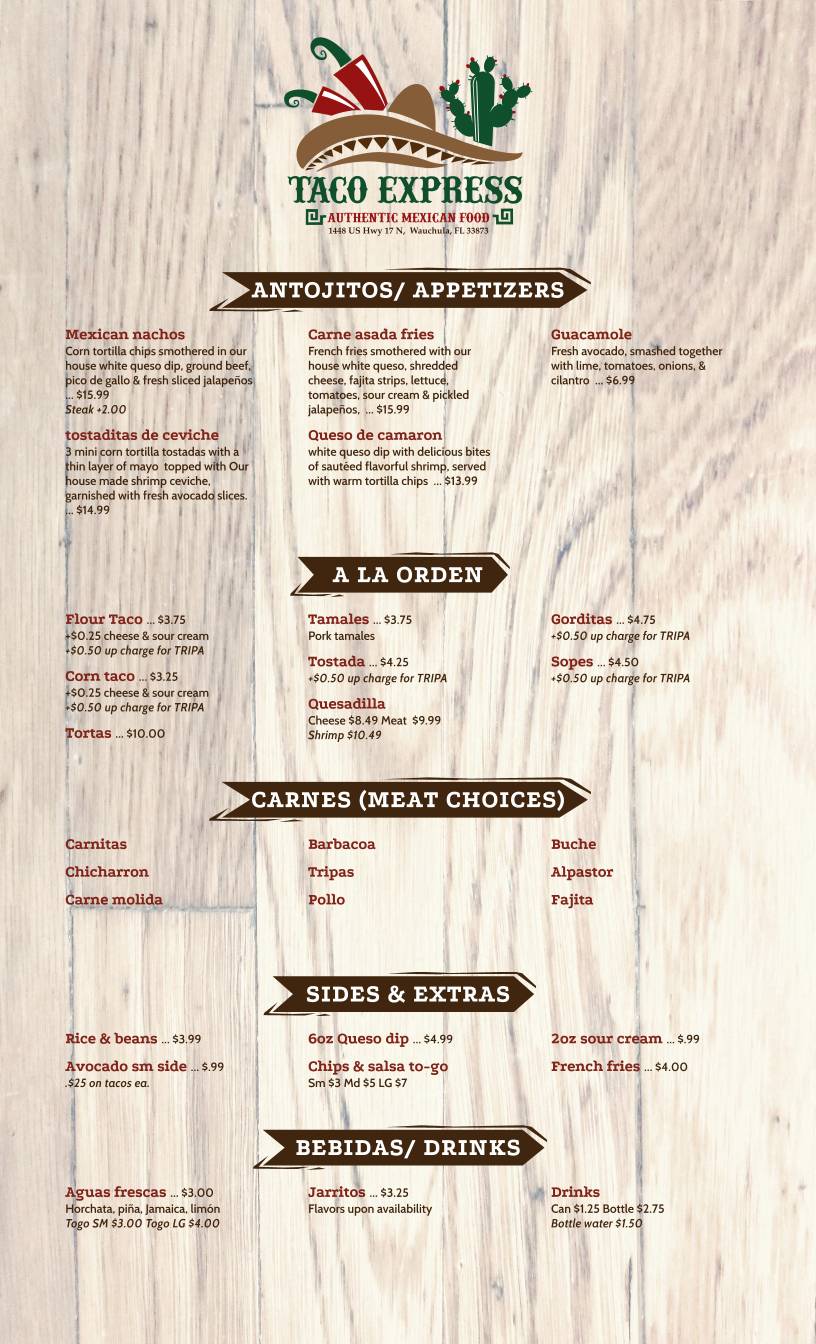 Menu at Taco Express restaurant, Wauchula, US-17
