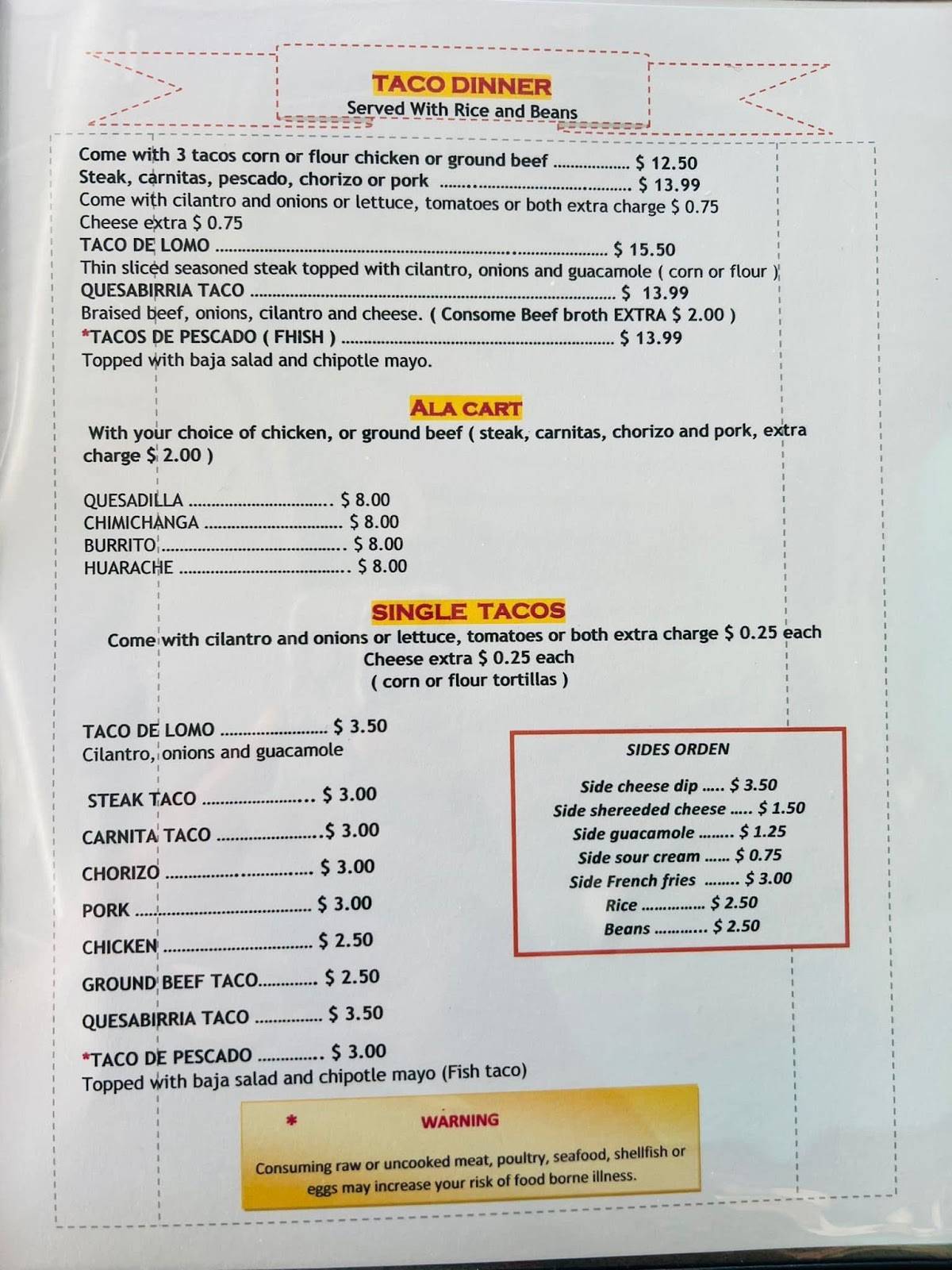 Menu at Taco Jalisco desserts, Waukesha