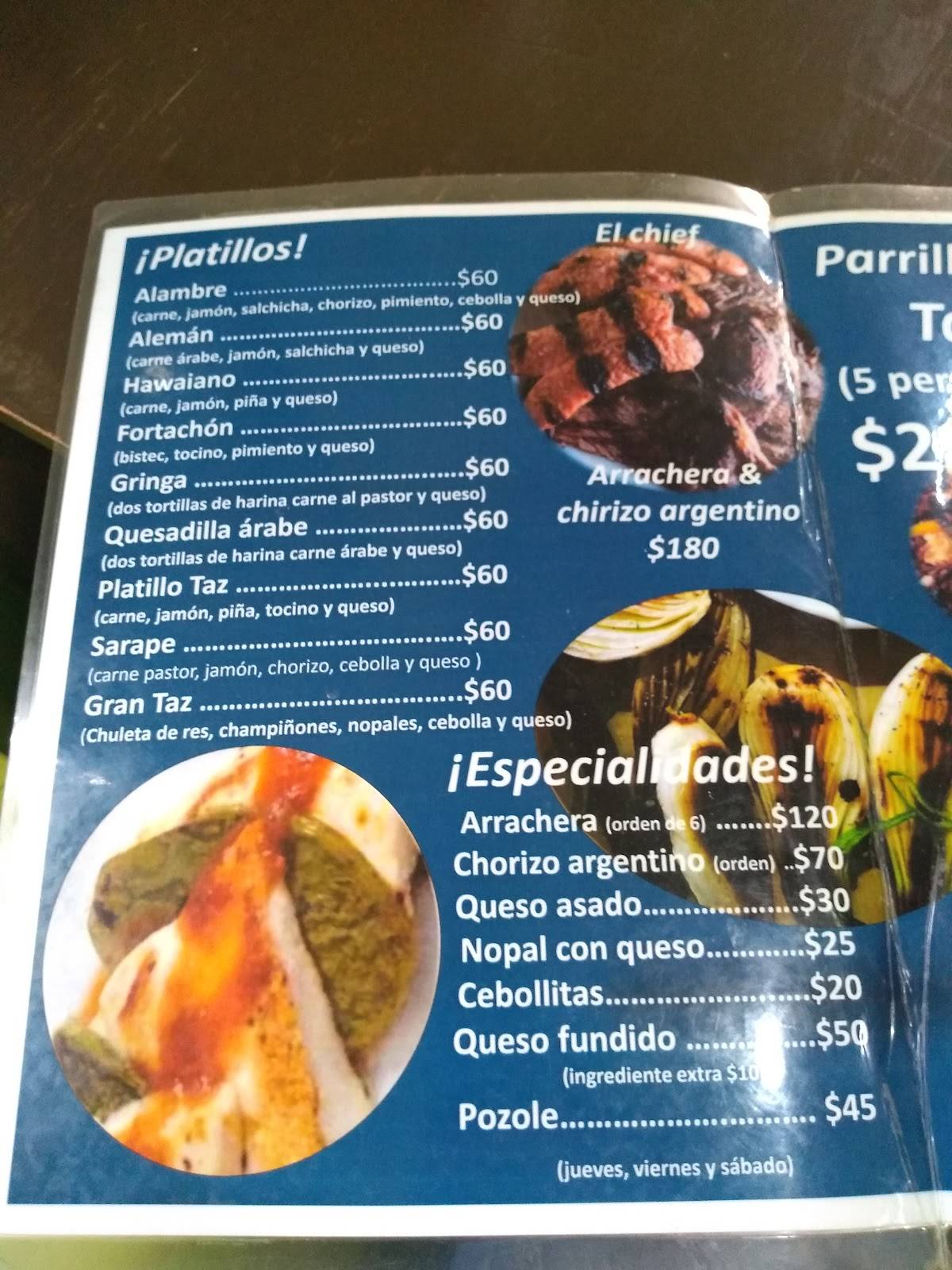 Carta del restaurante Taco Taz, Tlaxcala del Xicohtencatl