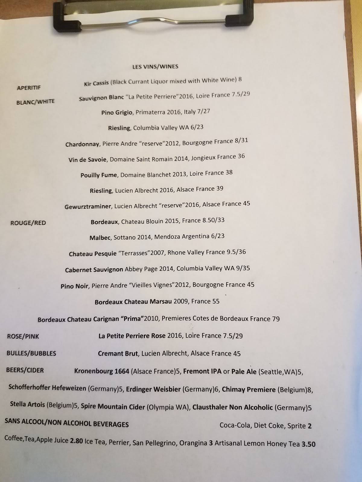 Menu at Citron European Bistro restaurant, Tacoma
