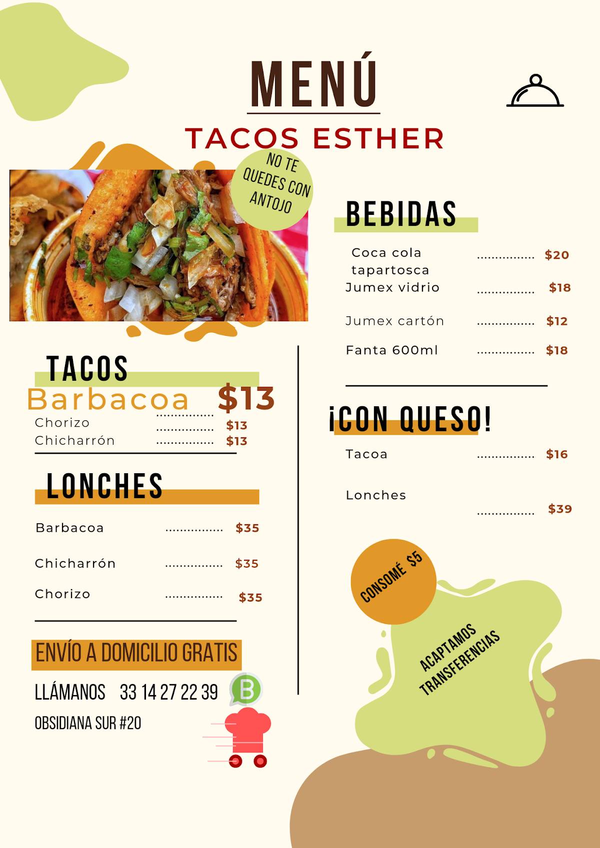 Carta del restaurante Tacos Esther, El Vado