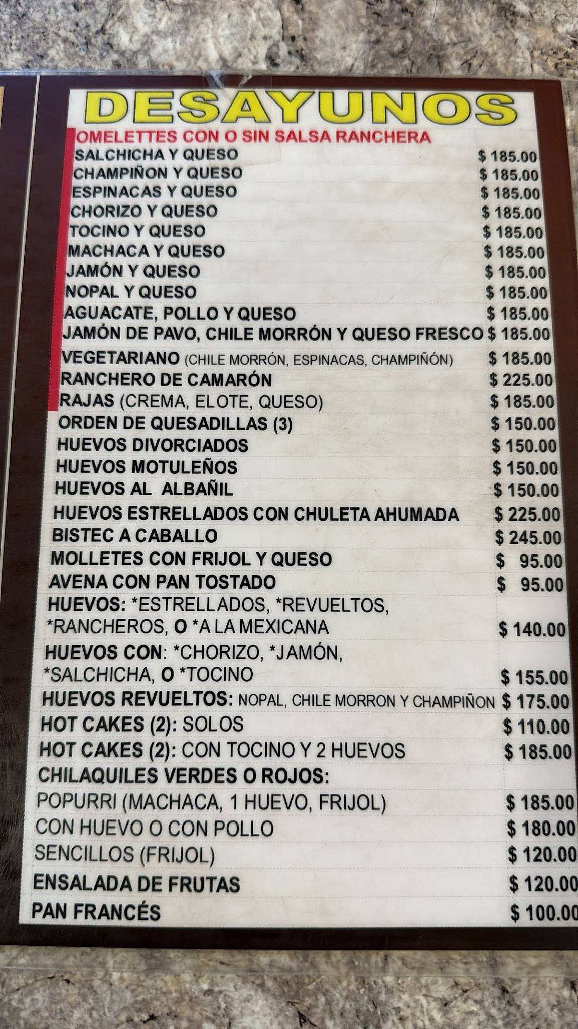 Menu at Tacos Maru restaurant, Ensenada