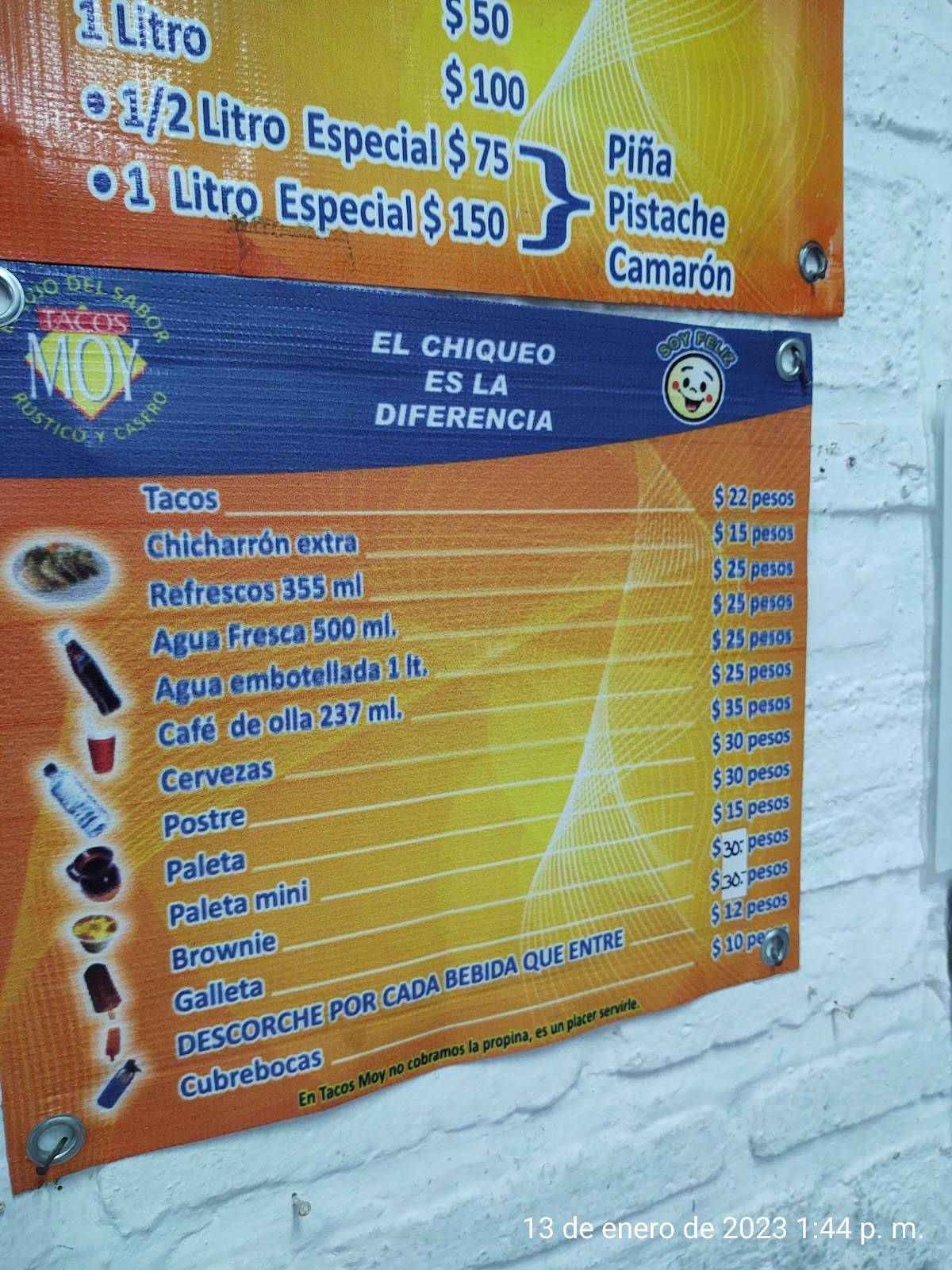 Menu at Tacos Moy restaurant, Guadalajara, Av. de los Arcos 930