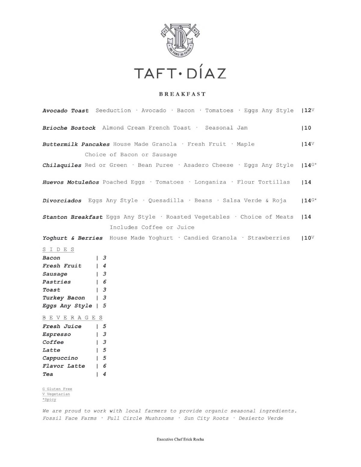 Menu at Taft-Diaz restaurant, El Paso