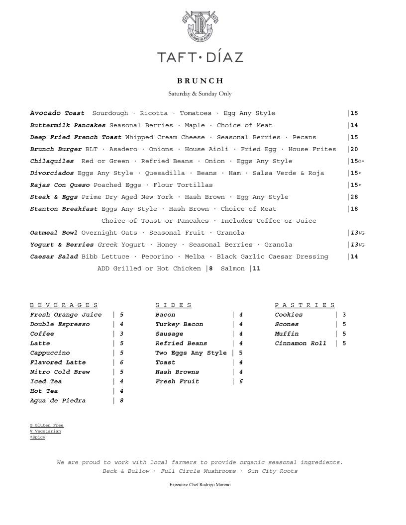 Menu at Taft-Diaz restaurant, El Paso