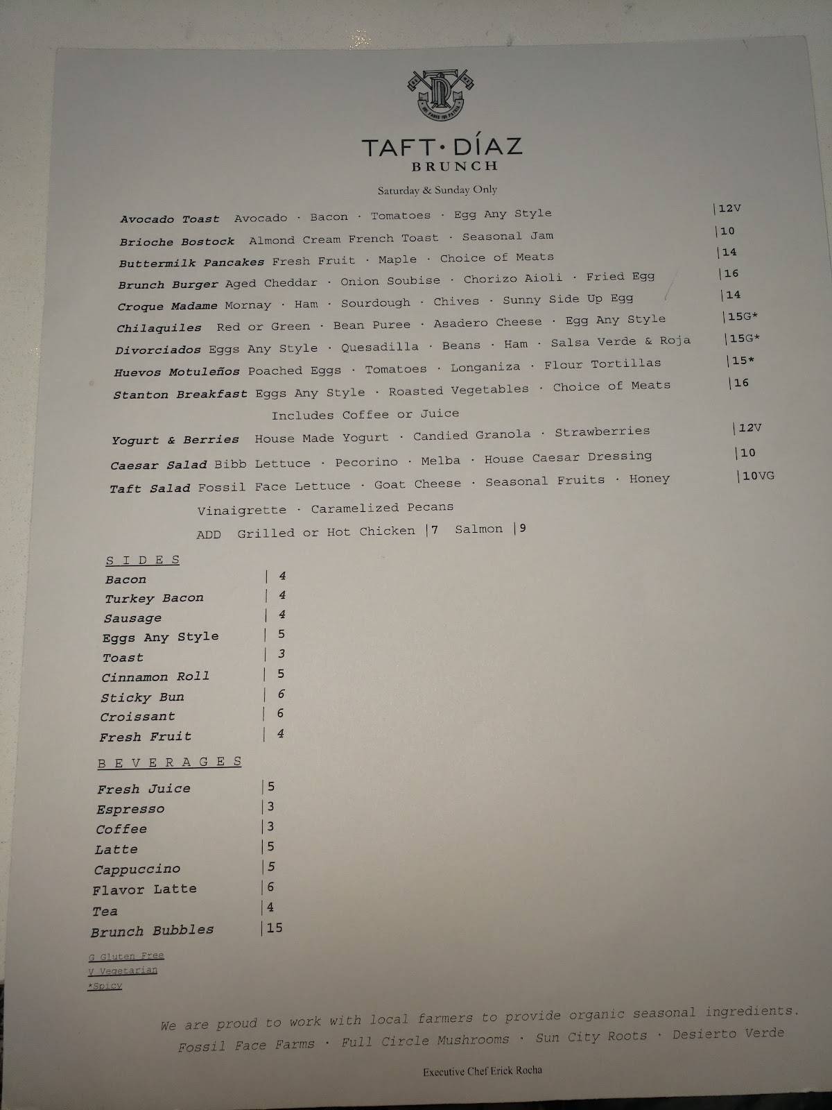 Menu at Taft-Diaz restaurant, El Paso