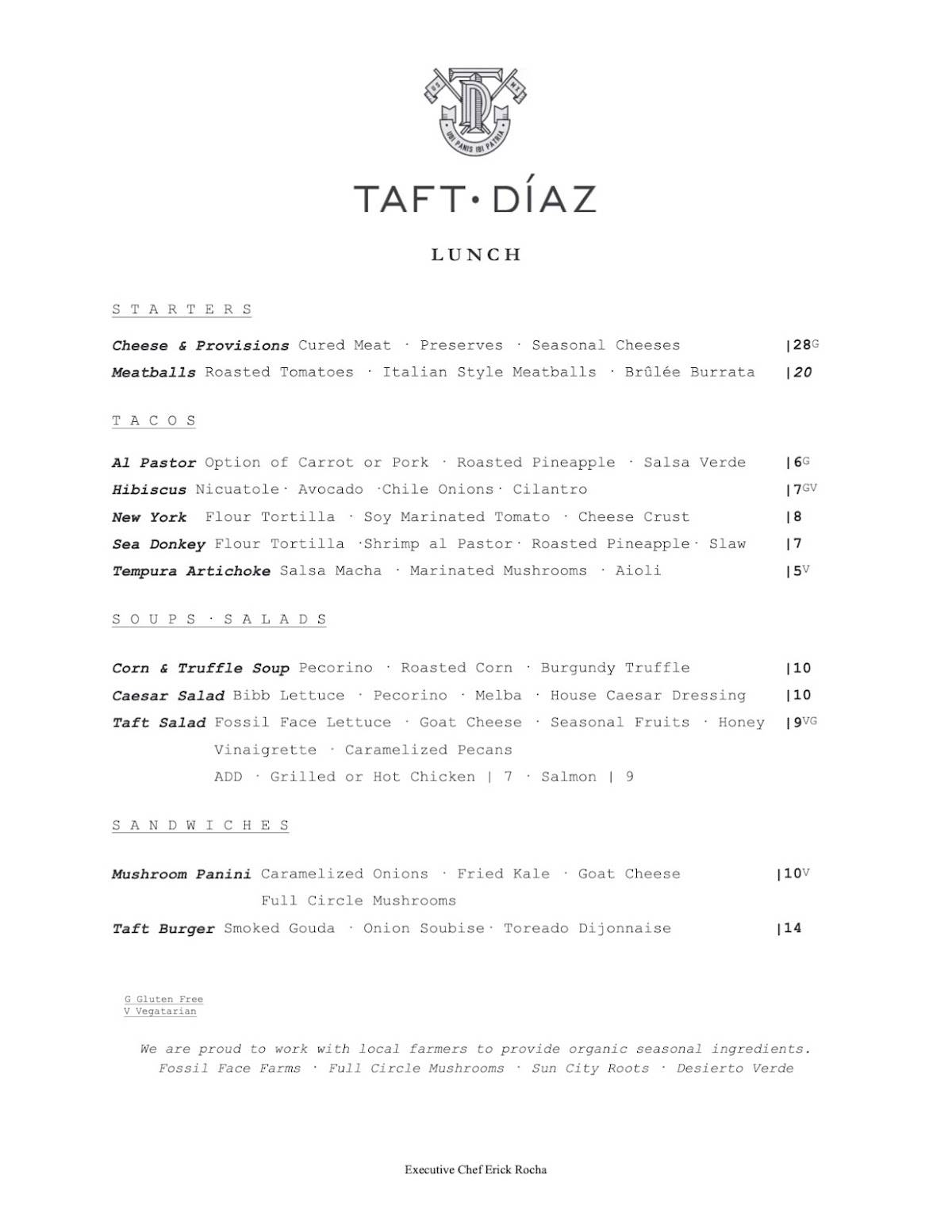 Menu at Taft-Diaz restaurant, El Paso