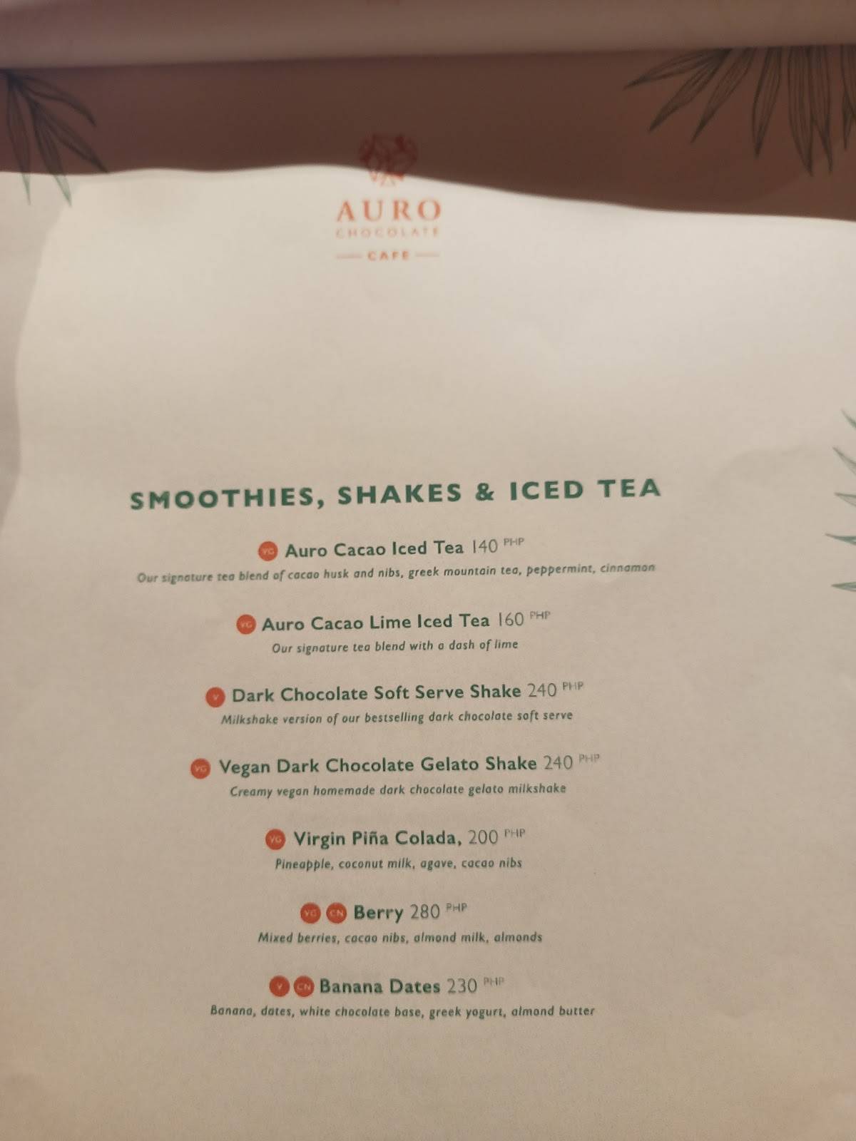 Menu at Auro Chocolate Cafe - BGC Flagship, Taguig