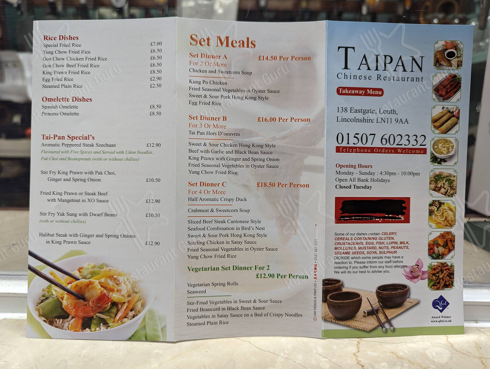 Menu at Tai Pan restaurant, Louth
