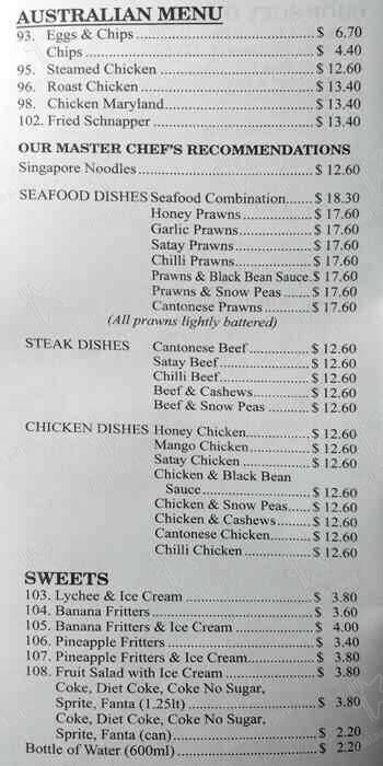 Menu at Tai Wah fast food, Mentone