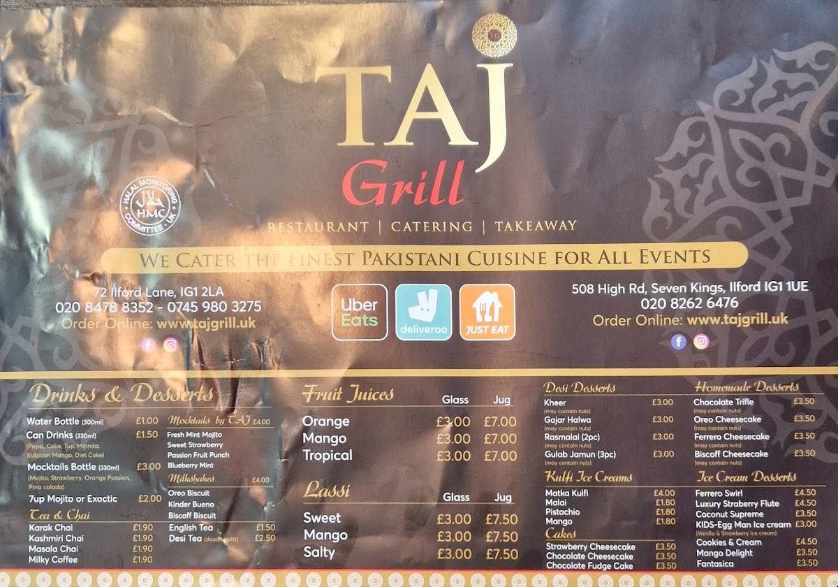 Menu at Taj Grill restaurant, Ilford, 72 Ilford Ln
