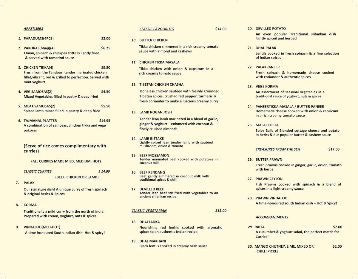 Menu at Taj Mahal curry palace restaurant, Gympie