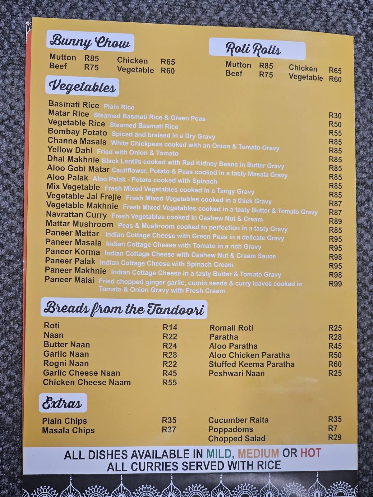 Menu at Taj Mahal restaurant, Centurion, 225 Jean Ave