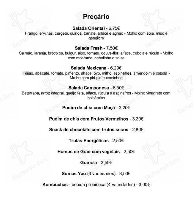 Menu at Take Fresh, Lisbon