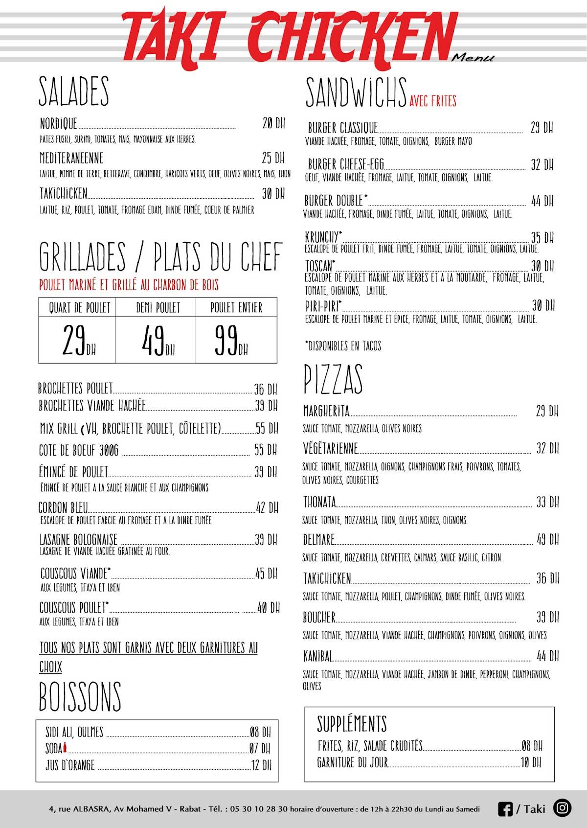 Menu at Taki chicken restaurant, Rabat, 4