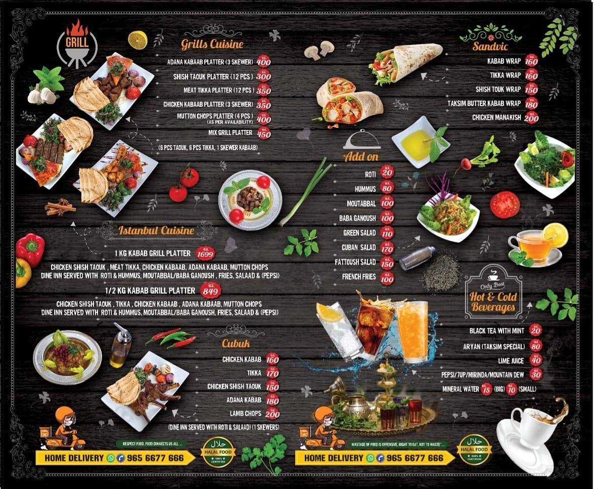 Menu at Taksim Istanbul, Thrissur