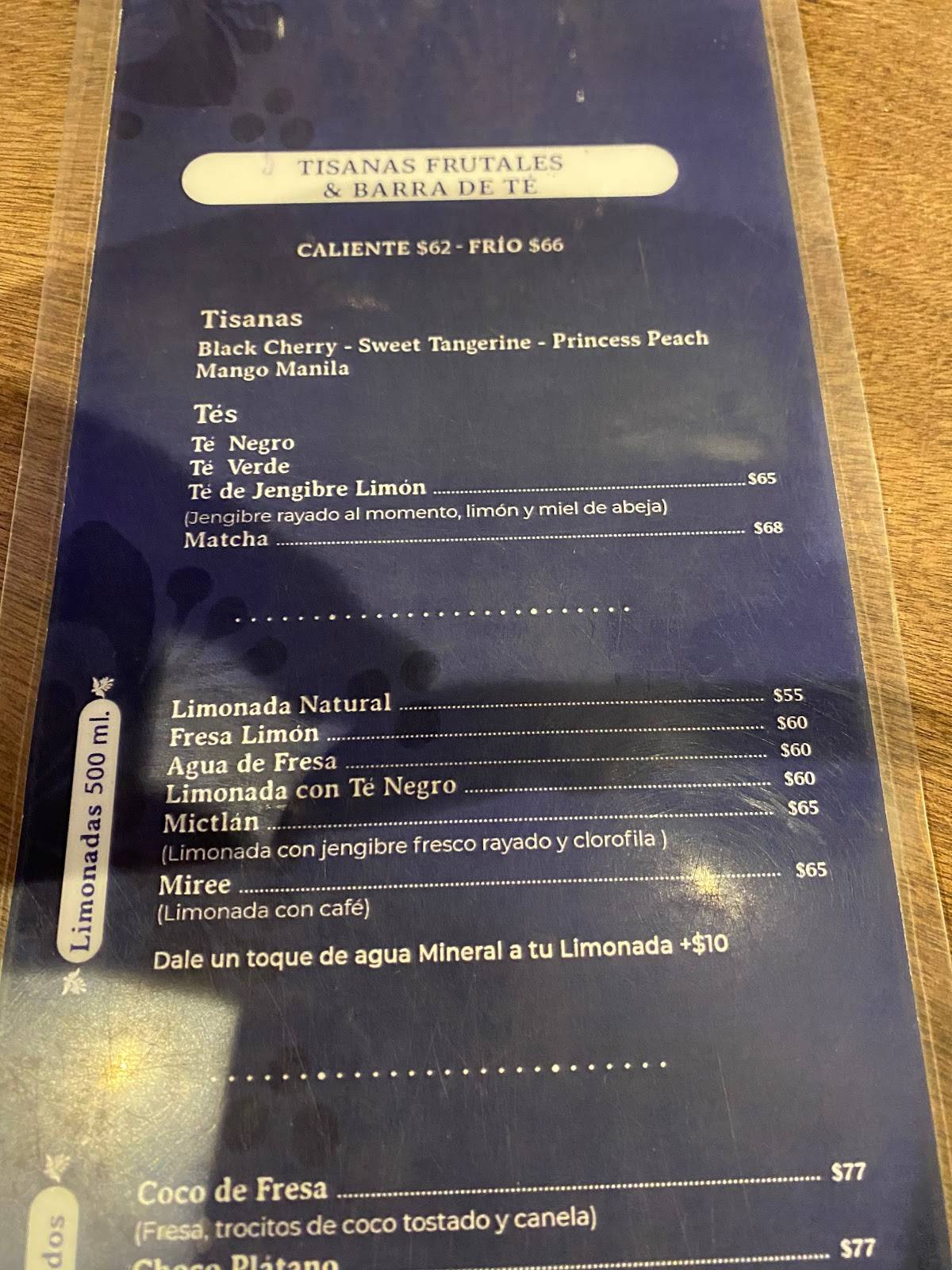 Carta de cafetería Talavera Coffee shop & trad food, Tampico