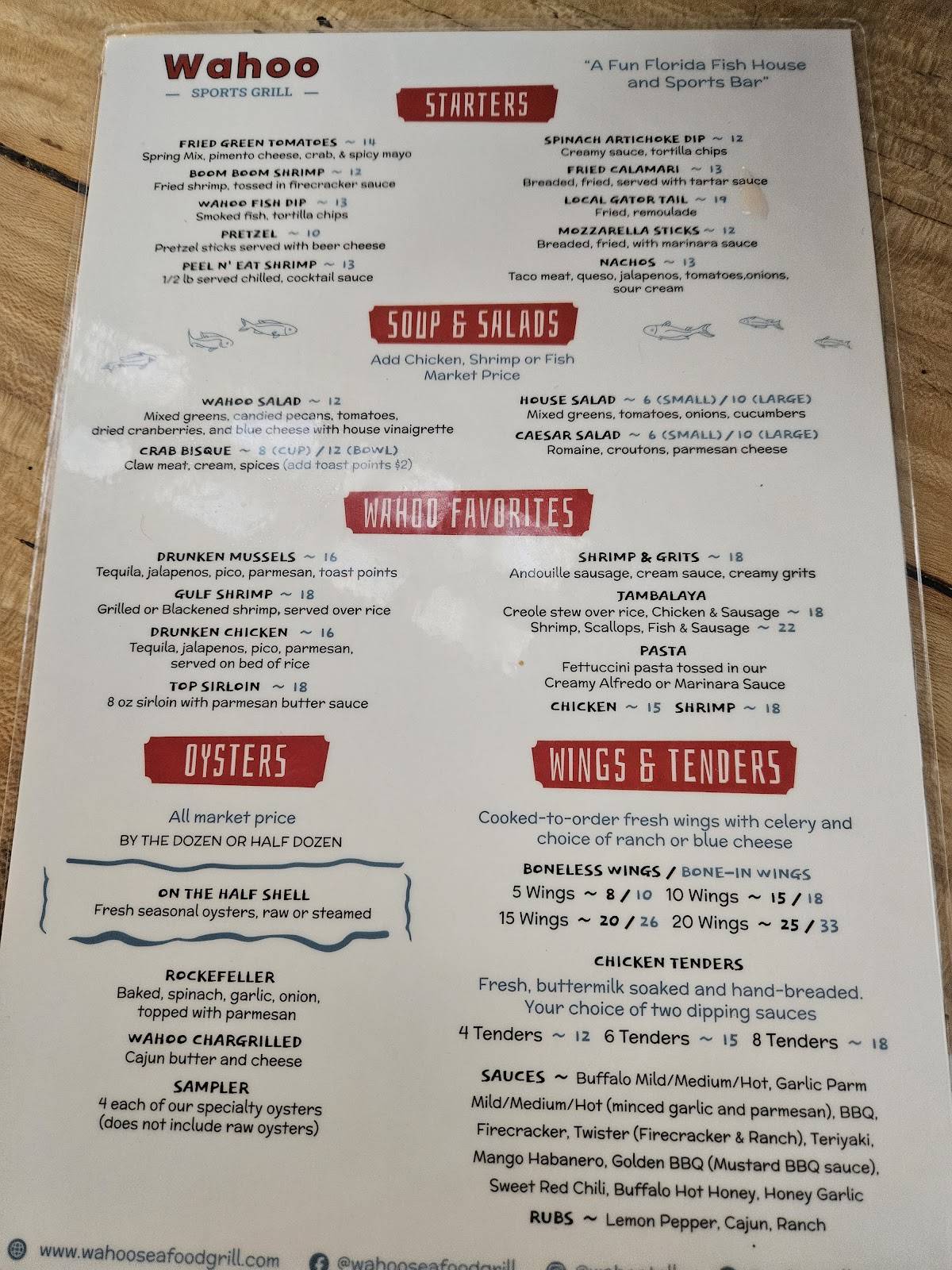 Menu at Wahoo Sports Grill restaurant, Tallahassee