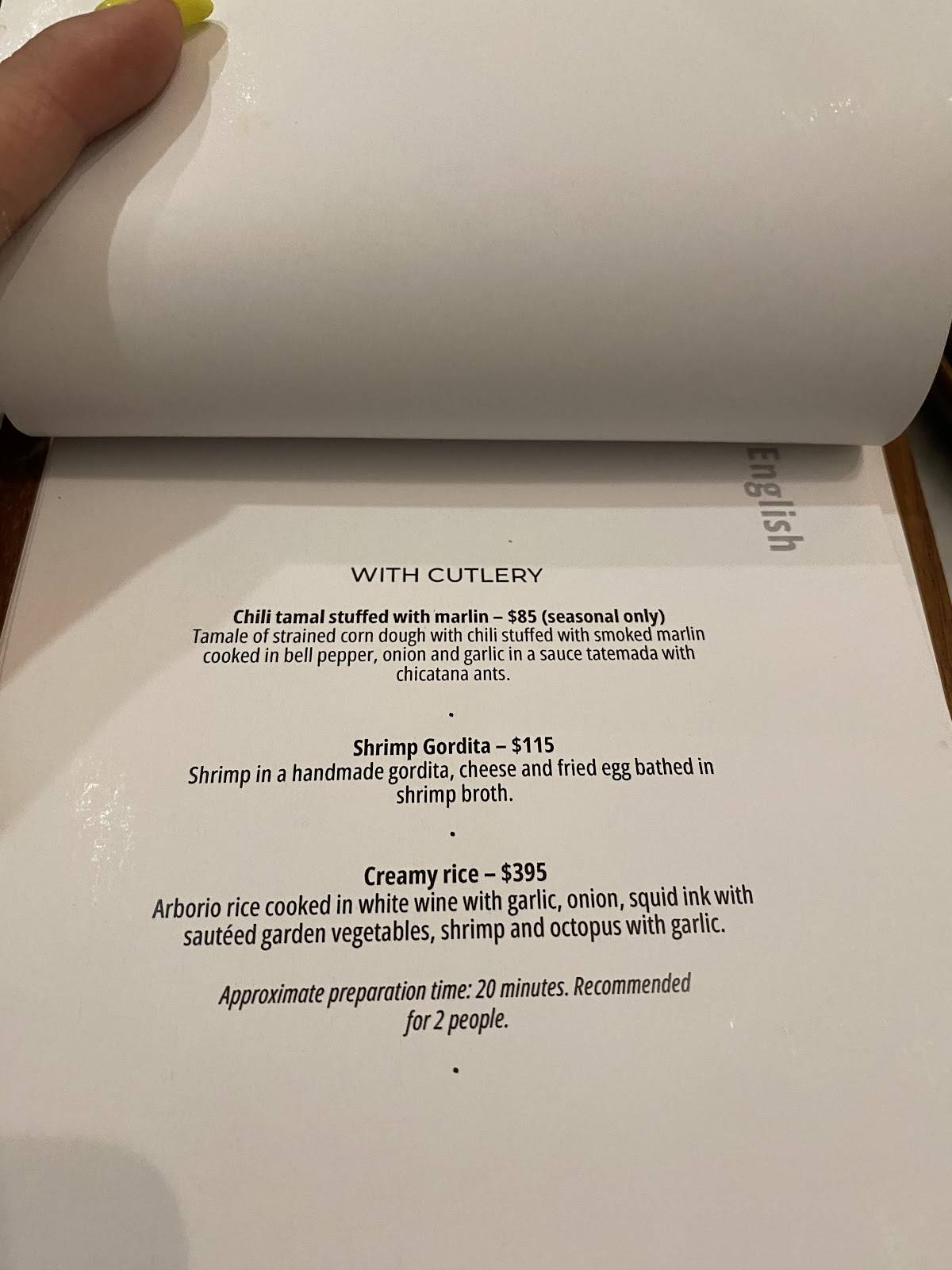 Carta del restaurante Taller Xilotl, Ciudad del México, Biarritz 2