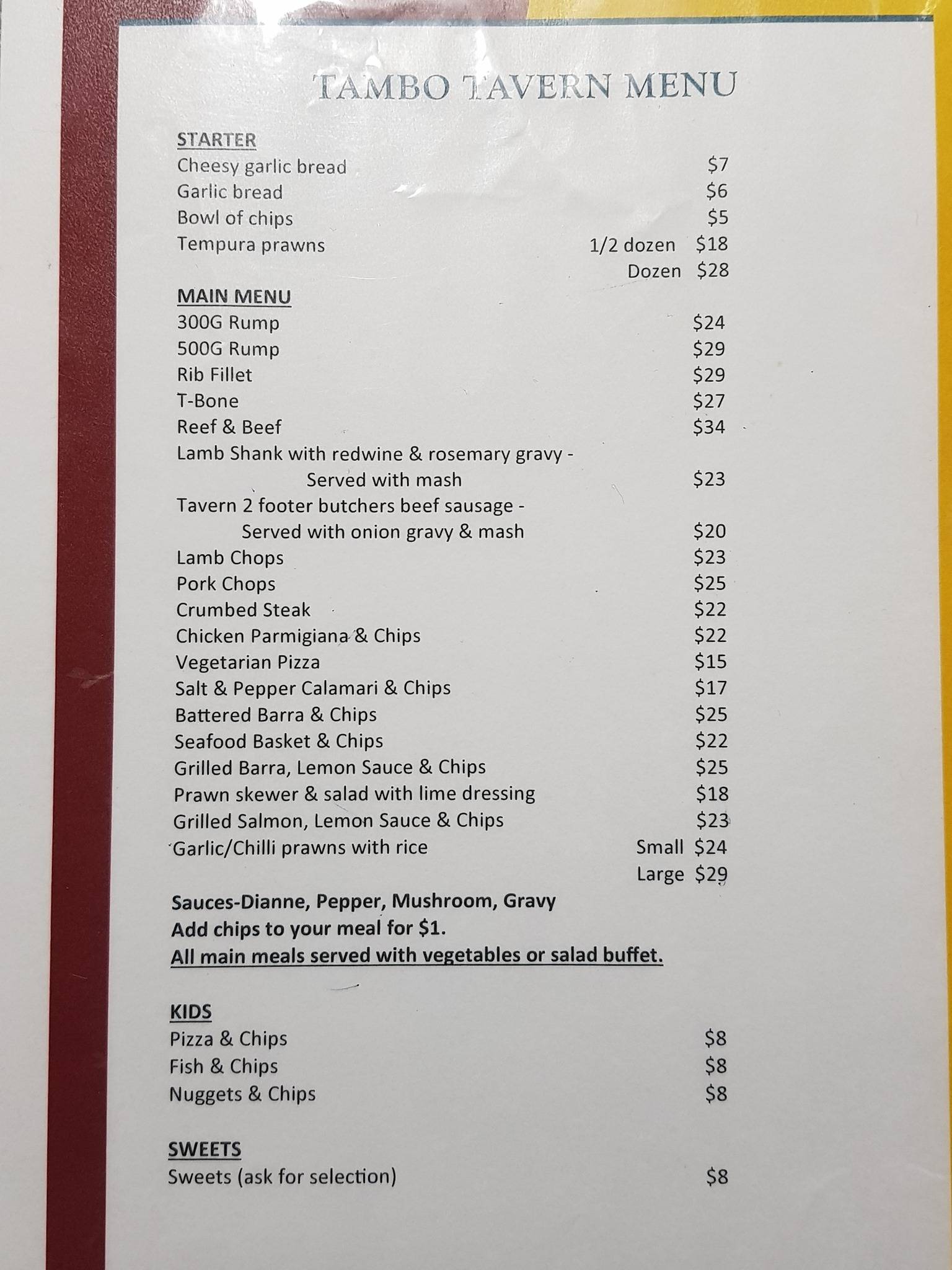 Menu at Tambo Tavern pub & bar, Tambo
