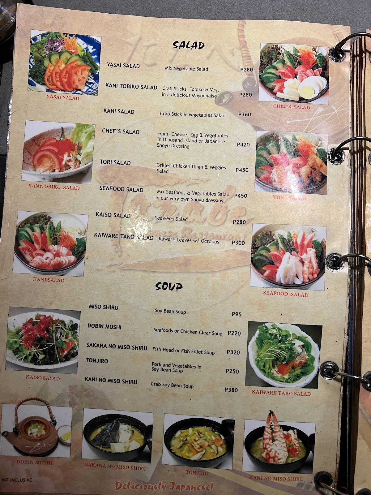 Menu at Tanabe Japanese Restaurant, Manila