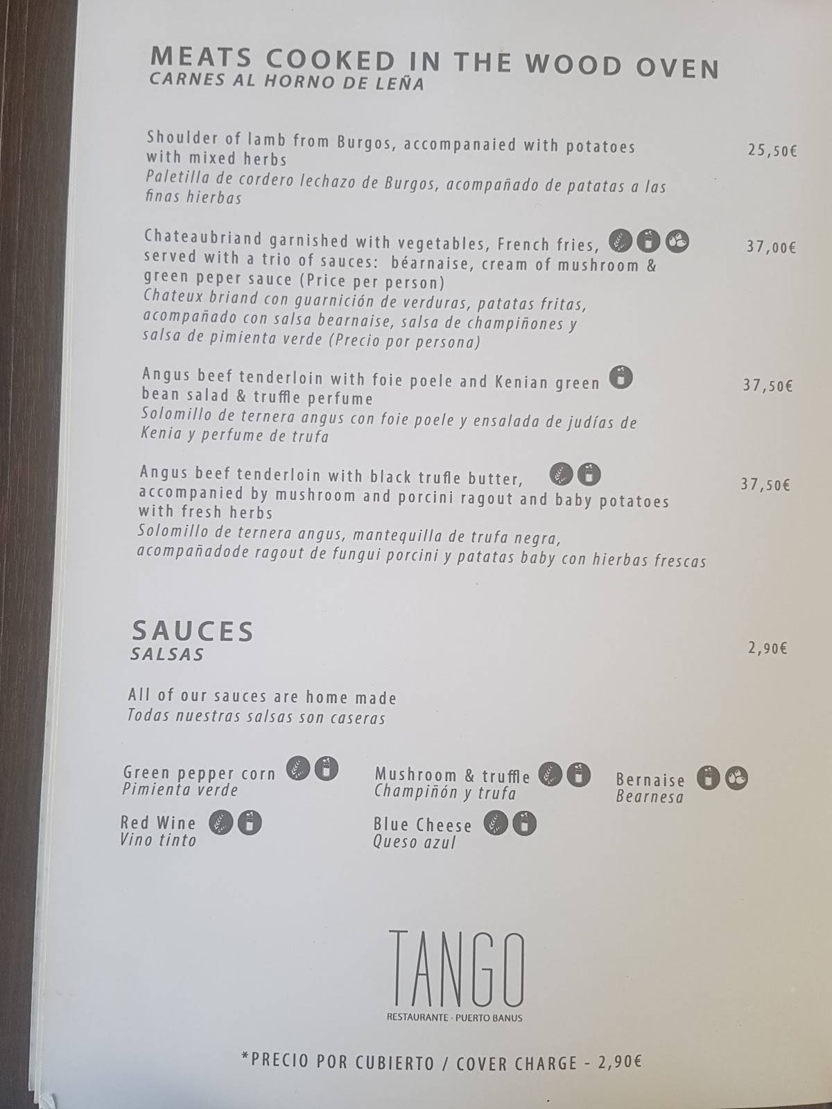 Carta de Tango Restaurante, Marbella