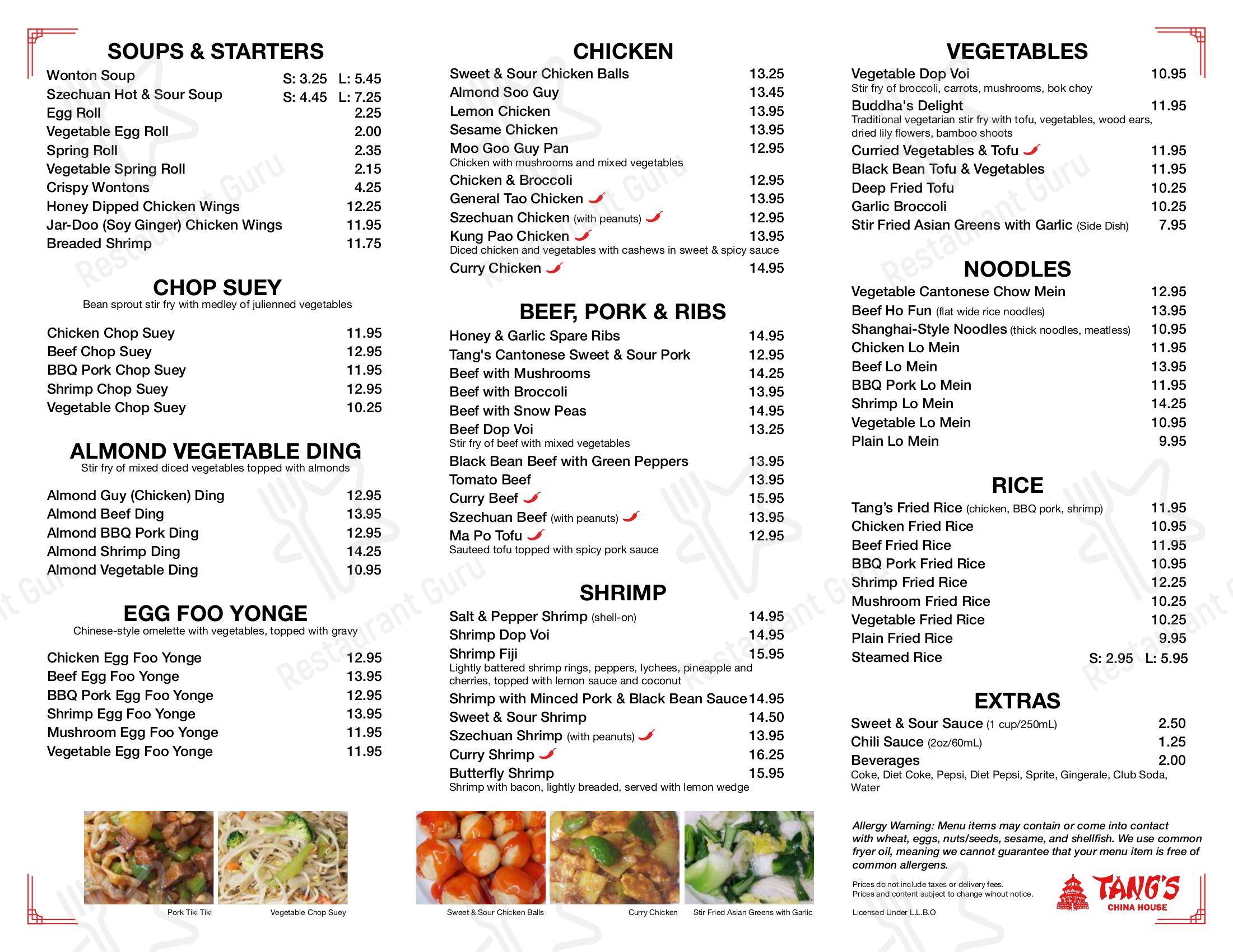 Menu at Tang's China House restaurant, Sarnia