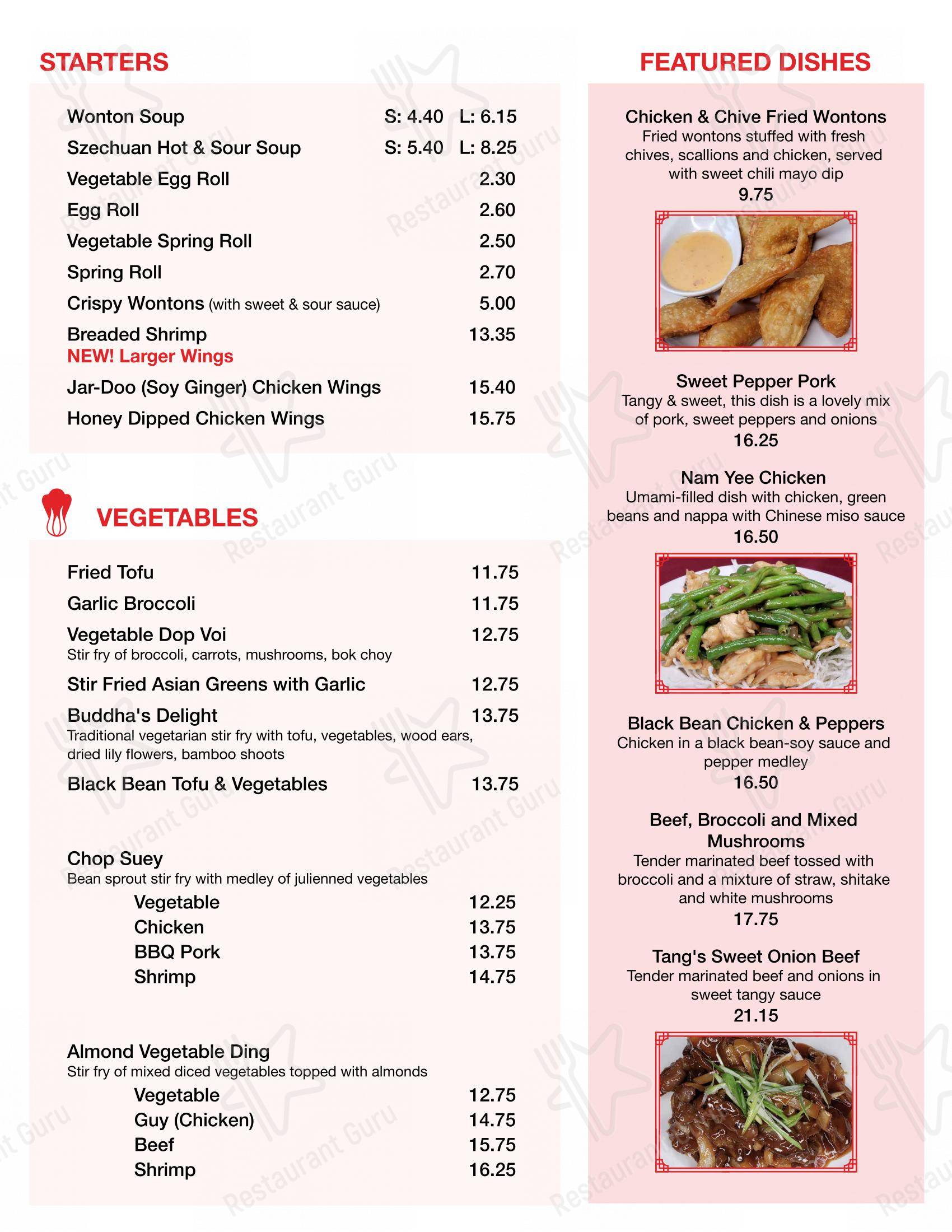 Menu at Tang's China House restaurant, Sarnia