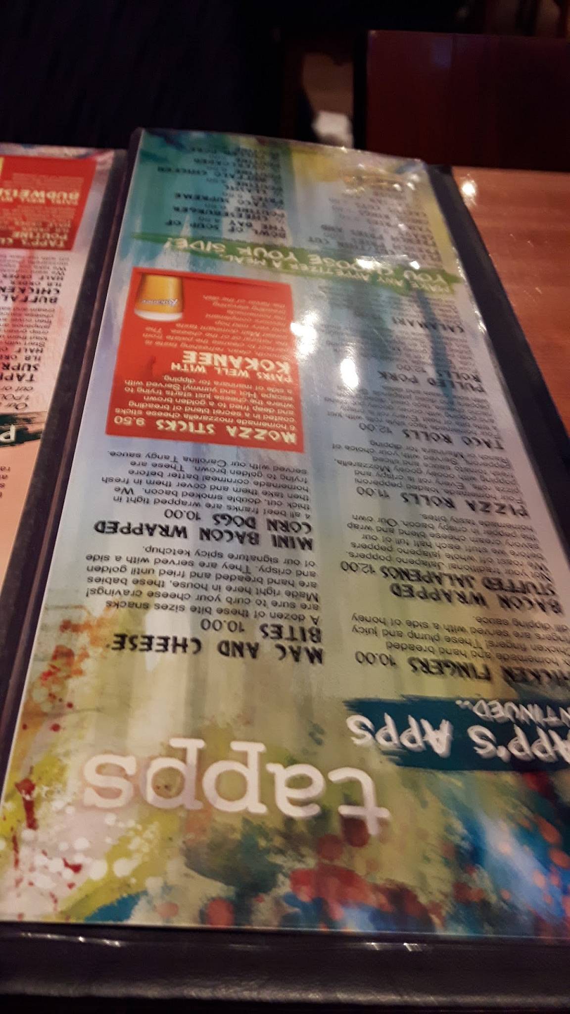 Menu at Tapp's Neighbourhood Pub, Winnipeg