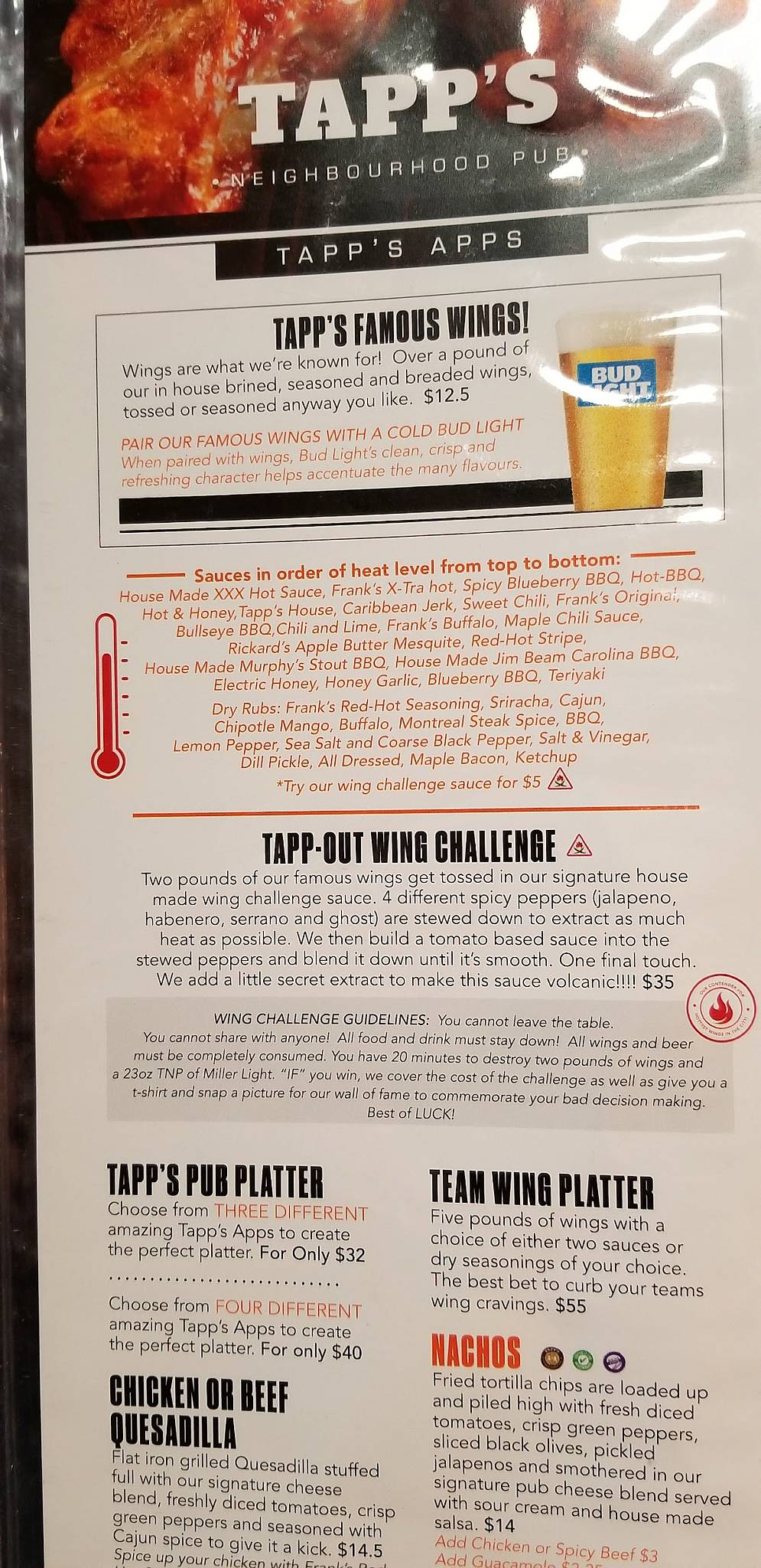 Menu at Tapp's Neighbourhood Pub, Winnipeg