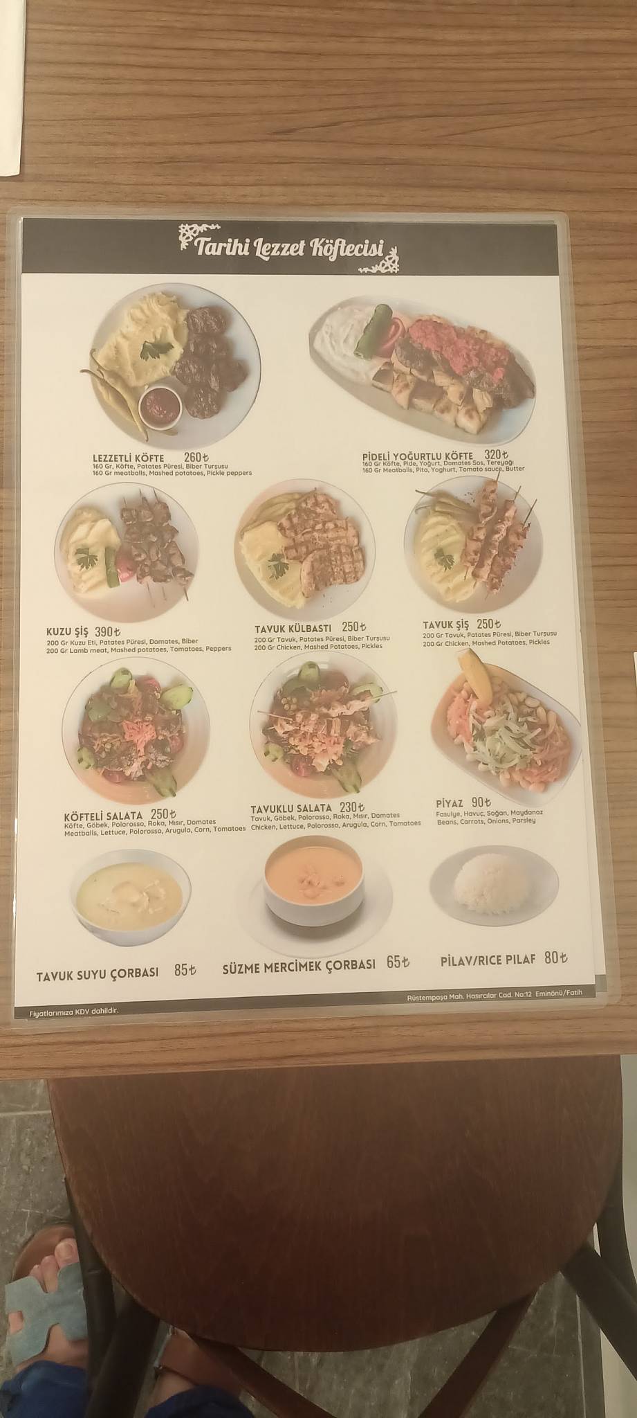 Menu au Tarihi Lezzet Köftecisi restaurant, Istanbul
