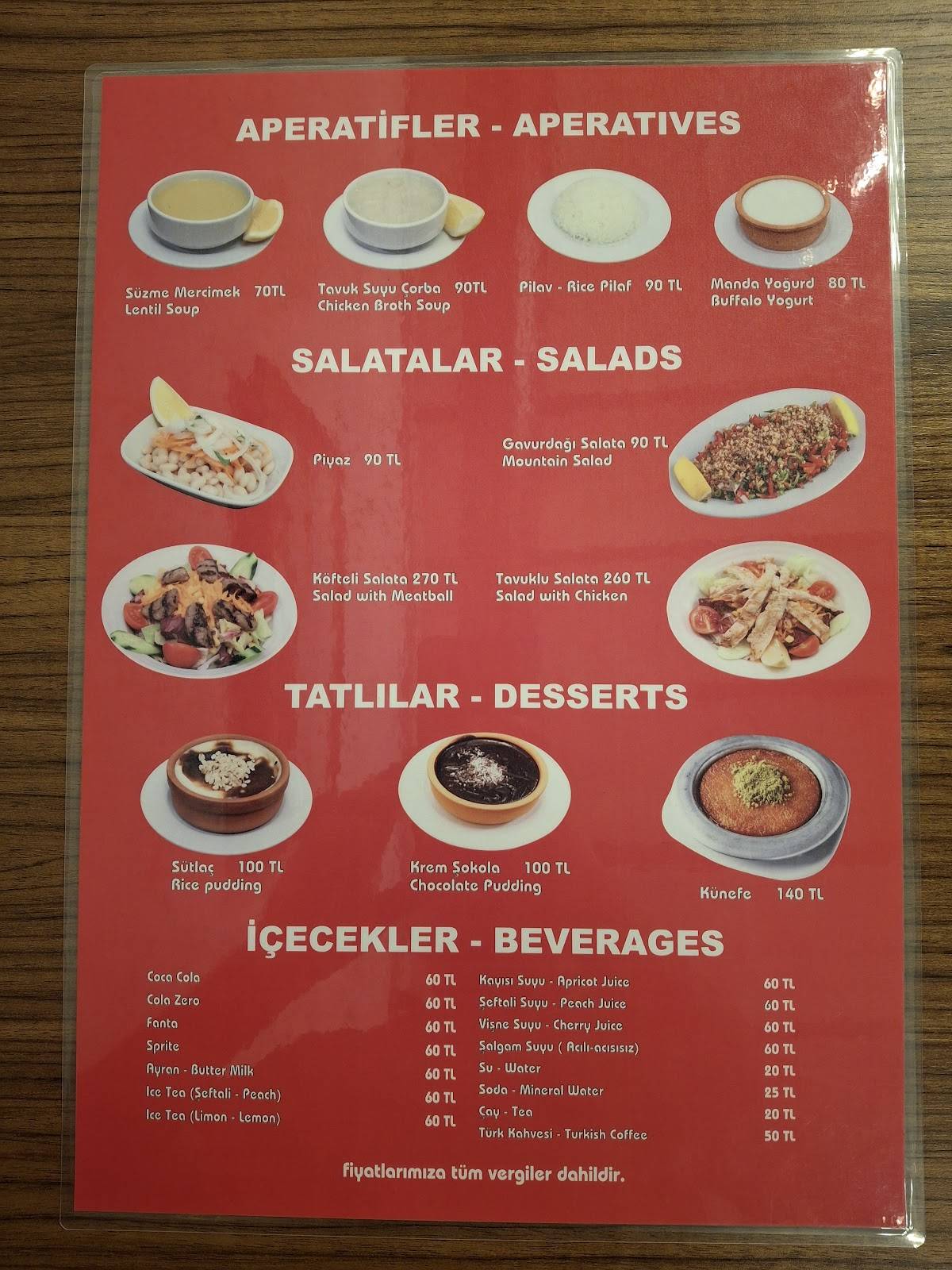 Menu au Tarihi Lezzet Köftecisi restaurant, Istanbul