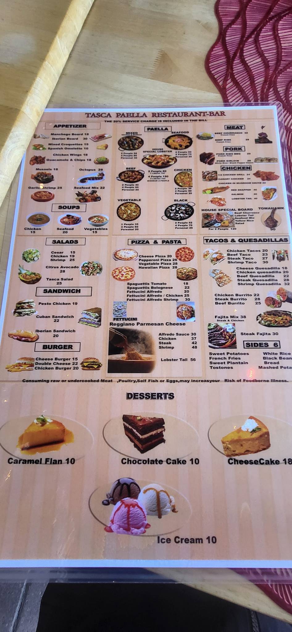 Menu at Tasca Paella restaurant, Miami