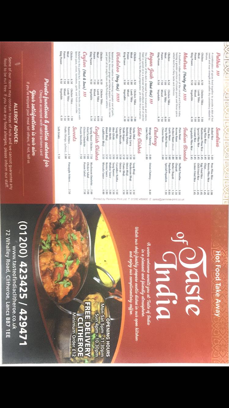 Menu at Taste Of India (Clitheroe) est. since 1997 restaurant, Clitheroe