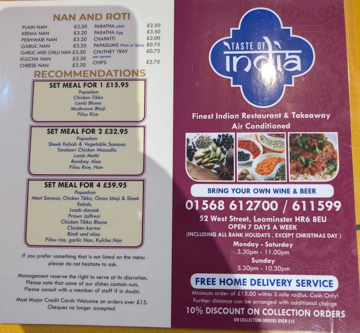 Menu at Taste Of India restaurant, Leominster