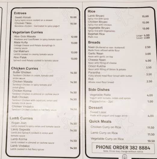 Menu at Taste of india, India, 6JQR+2WR