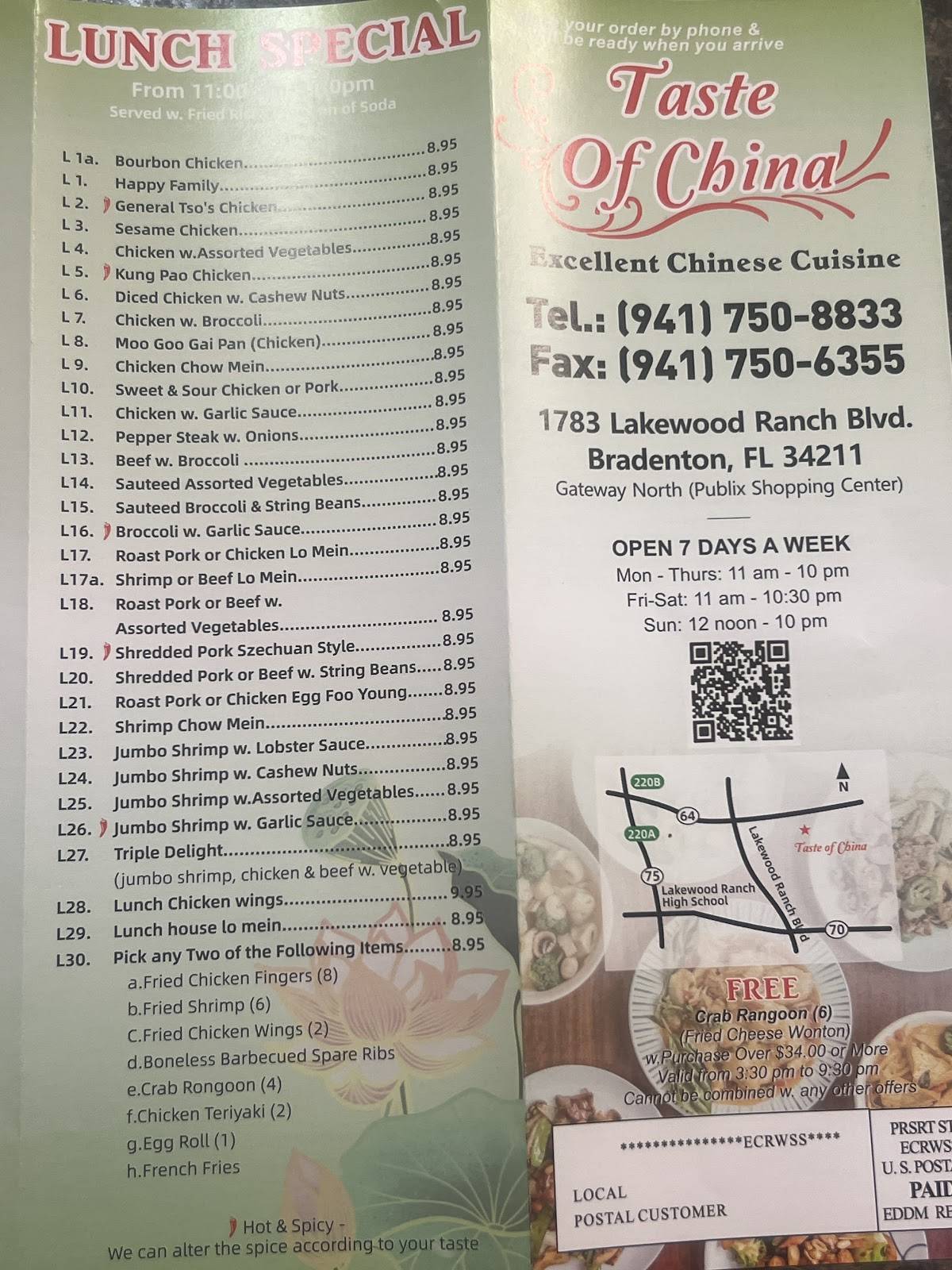Menu at Taste of China restaurant, Bradenton, Lakewood Ranch Blvd