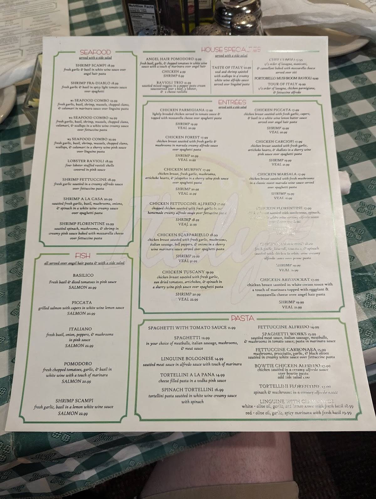 Menu at Taste of Italy restaurant, Carthage